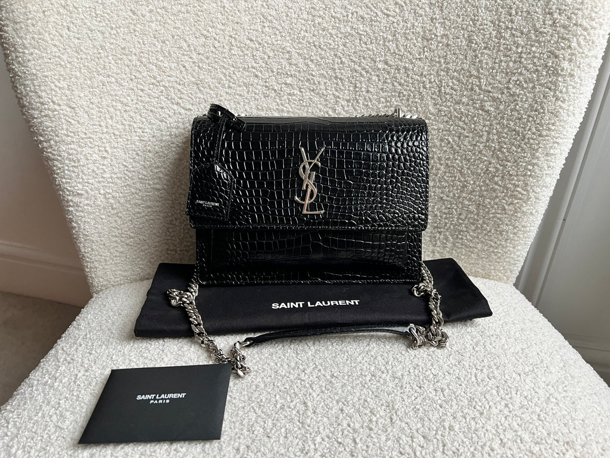 Yves Saint Laurent (YSL) Black Croc Medium Sunset with Silver Hardware ...