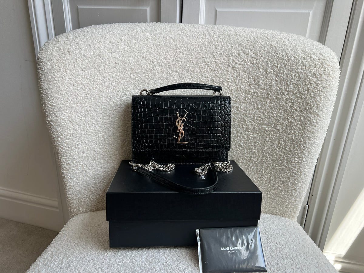 Yves Saint Laurent (YSL) Black Croc Mini Sunset Top Handle (RRP £1,445 ...